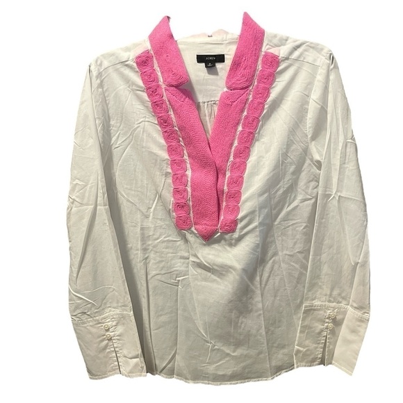 J. Crew | Tops | J Crew White Cotton Voile Tunic With Pink Soutache ...